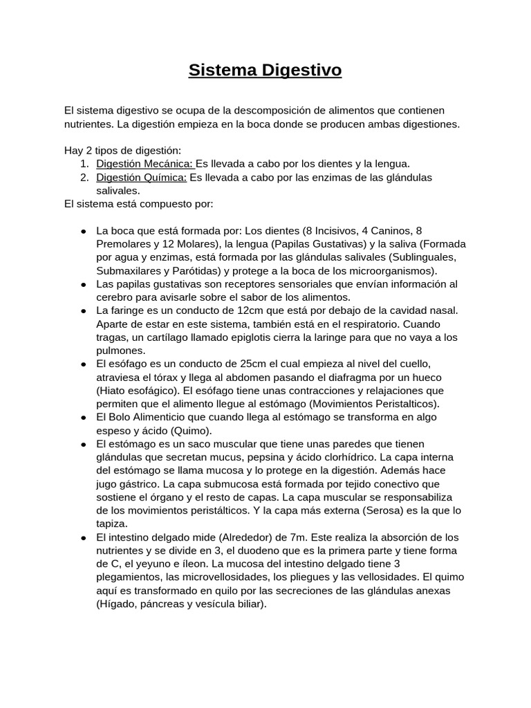 Resumen Biologia - Sistema Digestivo | PDF