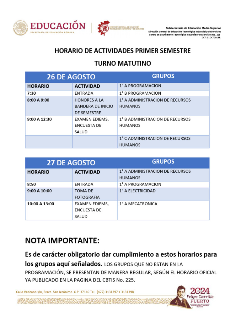 Horarios Primer Semestre CBTIS 225 | PDF