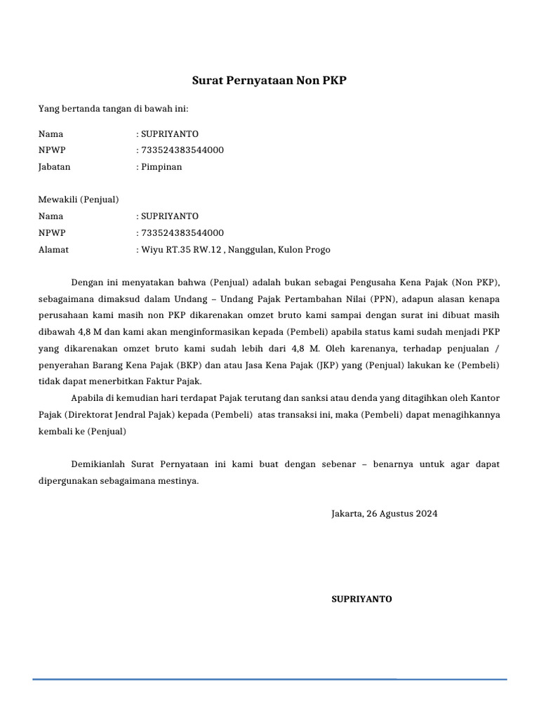 Surat Pernyataan Non PKP | PDF