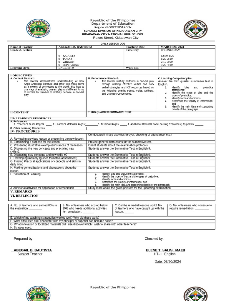 Summative Test DLL | PDF