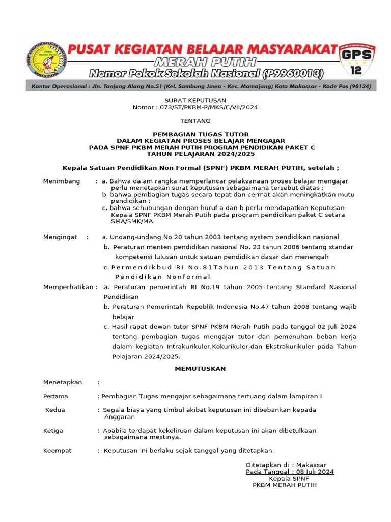 Contoh SK MENGAJAR TUTOR PKBM RONAA - TA.2022 - 2023 | PDF