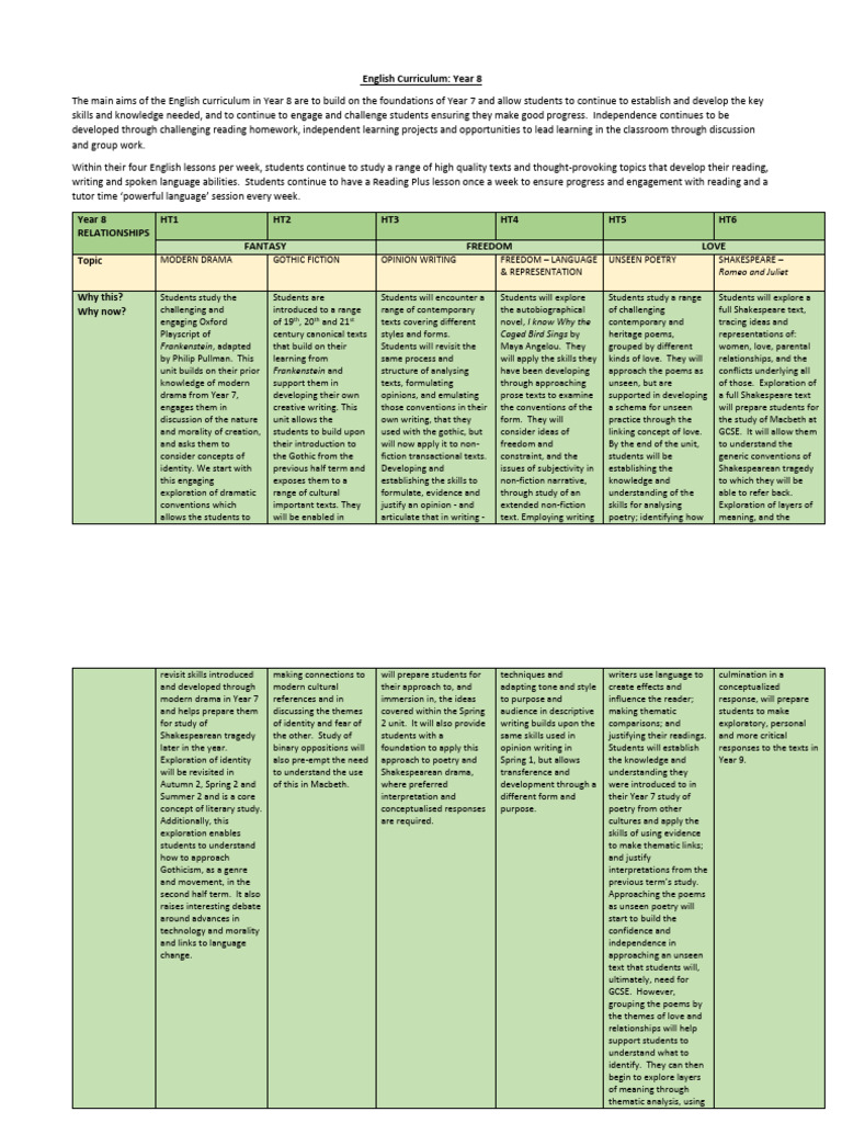 English Year 8 Curriculum Plans 1 | PDF