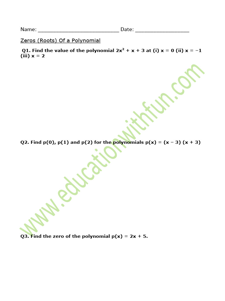 Zeros (Roots) of Polynomials Worksheet 1 | PDF