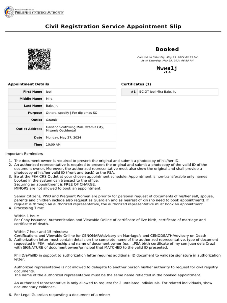 Civil Registration Service Appointment Slip: Wwwa1j | PDF