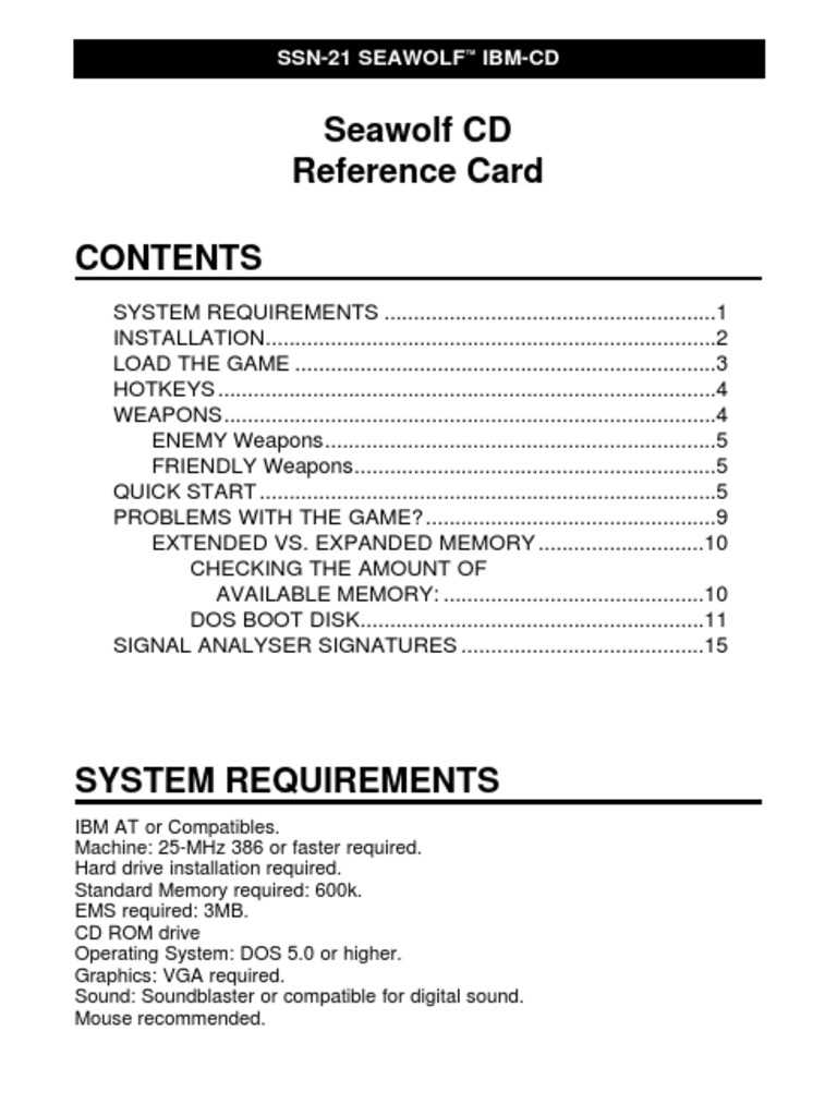 SSN-21 Seawolf - Quick Reference Card - PC | PDF | Dos | Booting