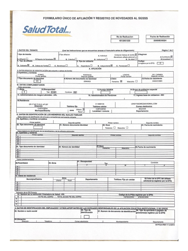 Formulario Único de Afiliación y Registro de Novedades Al SGSSS | PDF