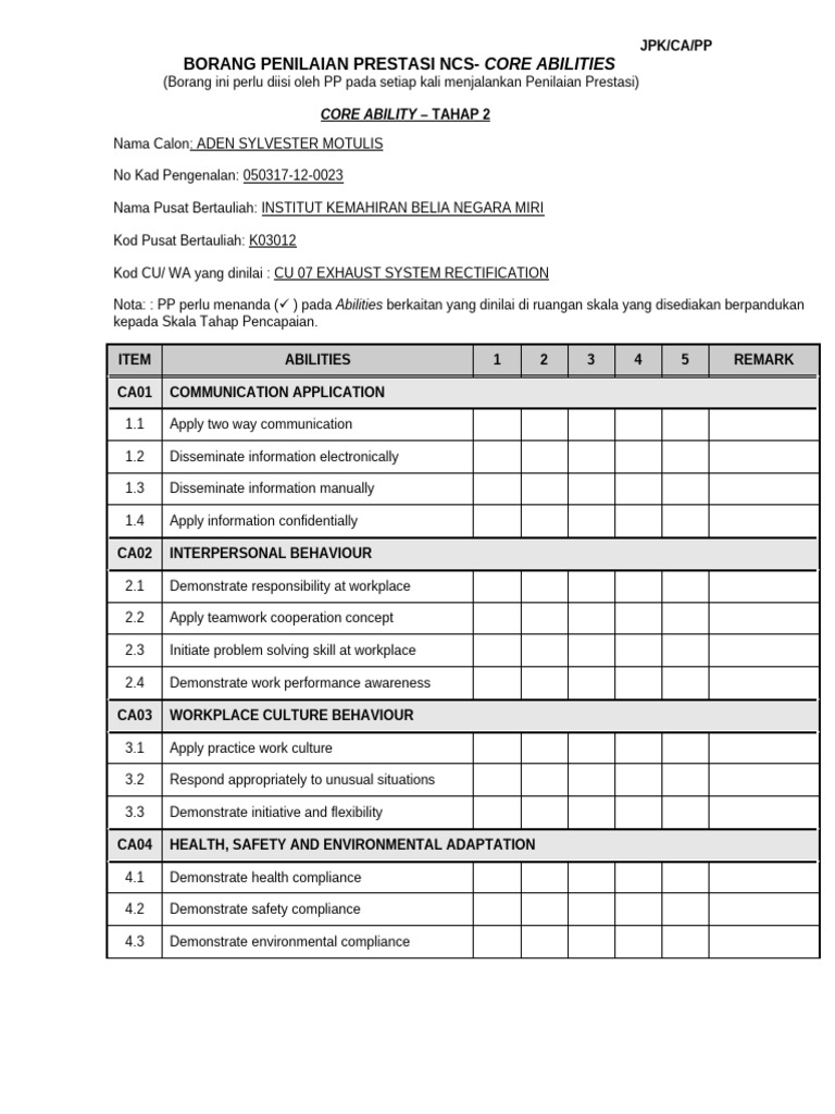 Performance Evaluation Sheet | PDF