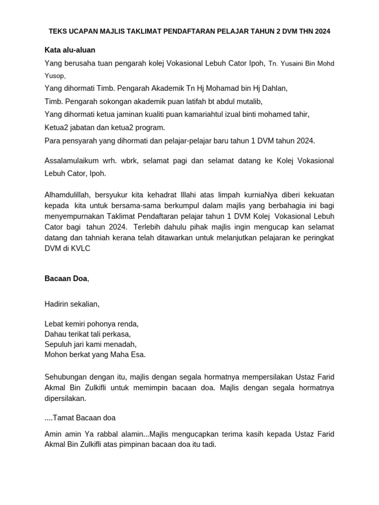 TEKS MAJLIS PENDAFTARAN 1 DVM 2024 | PDF