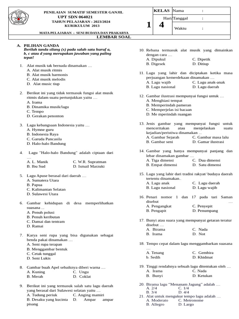 Ujian Pas SBDP Kelas 4 | PDF