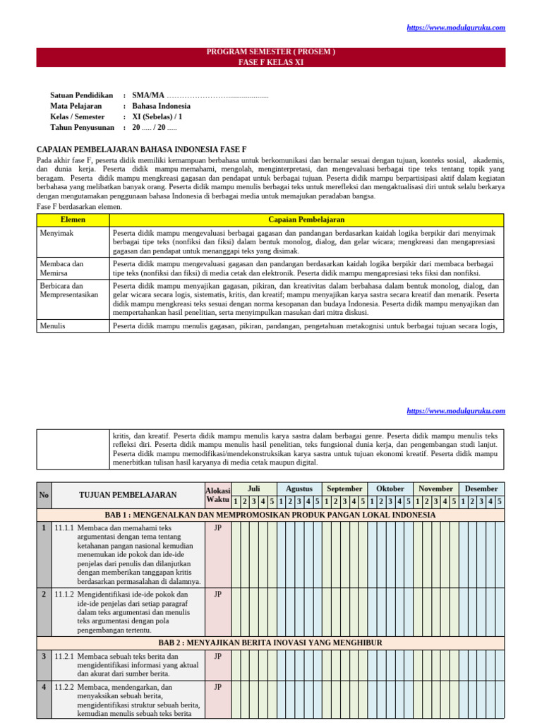 Prosem Kelas 11 SMA Bahasa Indonesia Fase F | PDF