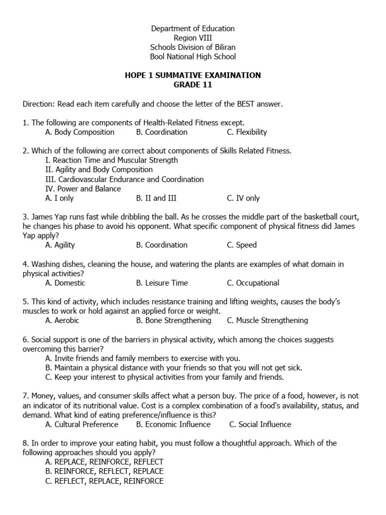 HOPE 1 SUMMATIVE TEST | PDF | Strength Training | Wellness