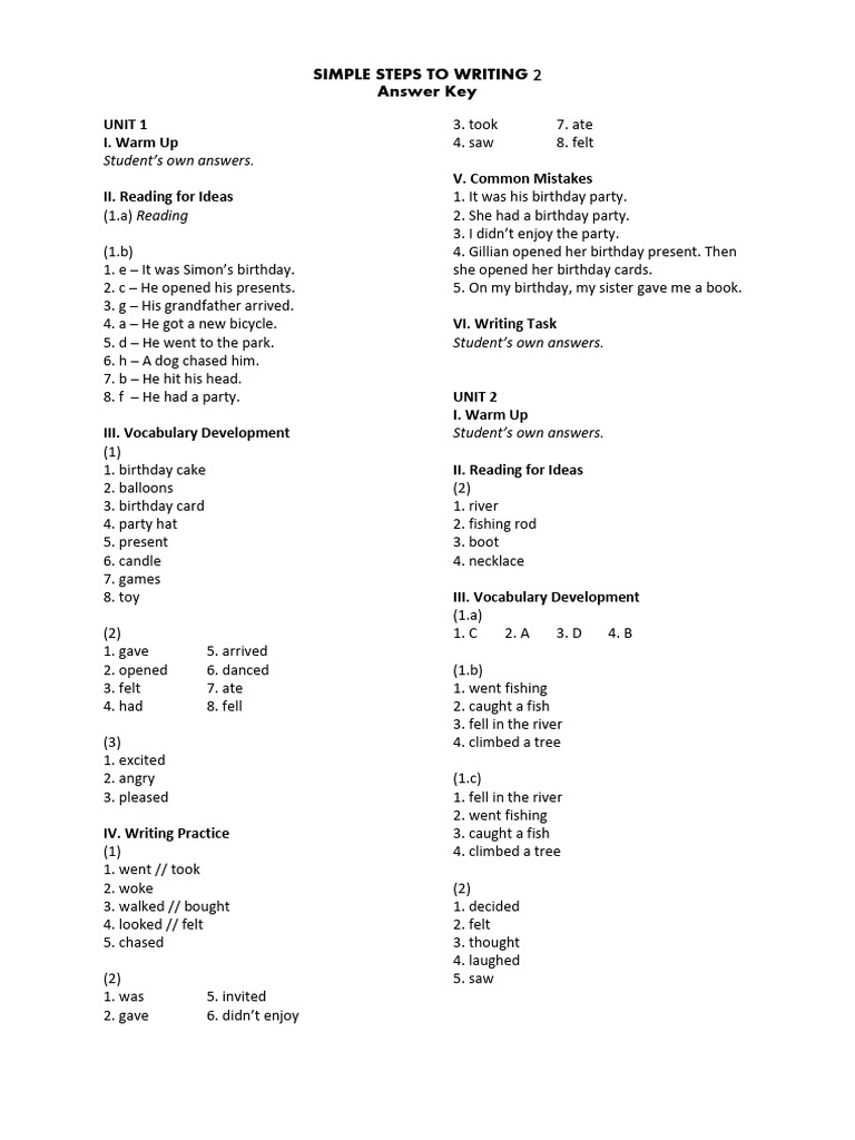 Simple Steps To Writing 2 - Answer Key | PDF