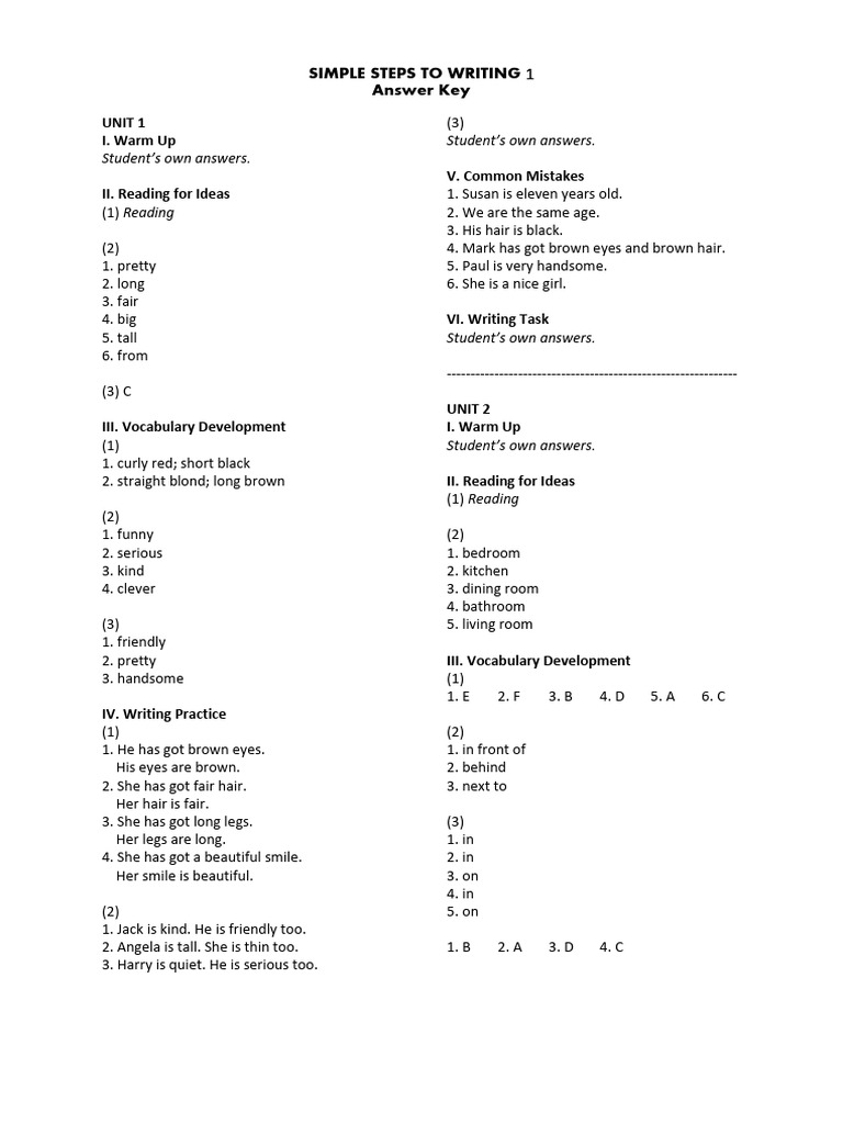 Simple Steps To Writing 1 - Answer Key | PDF