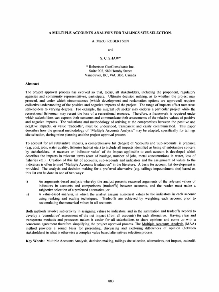 A Multiple Accounts Analysis For Tailings Site Selection. Robertson | PDF