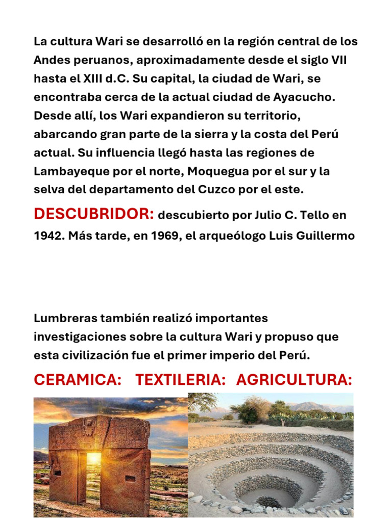 La Cultura Wari Se Desarrolló en La Región Central de Los An | PDF