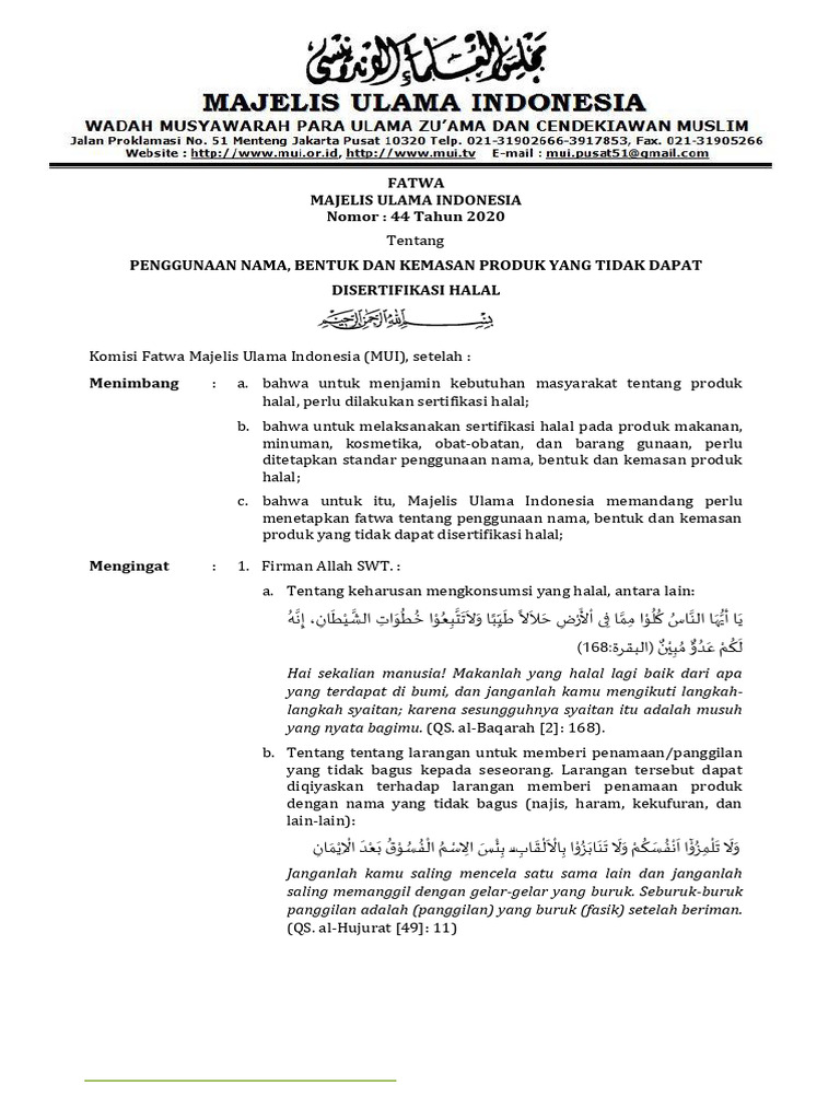 Fatwa MUI No 44 Tahun 2020 Tentang Penggunaan Nama Bentuk Dan Kemasan ...