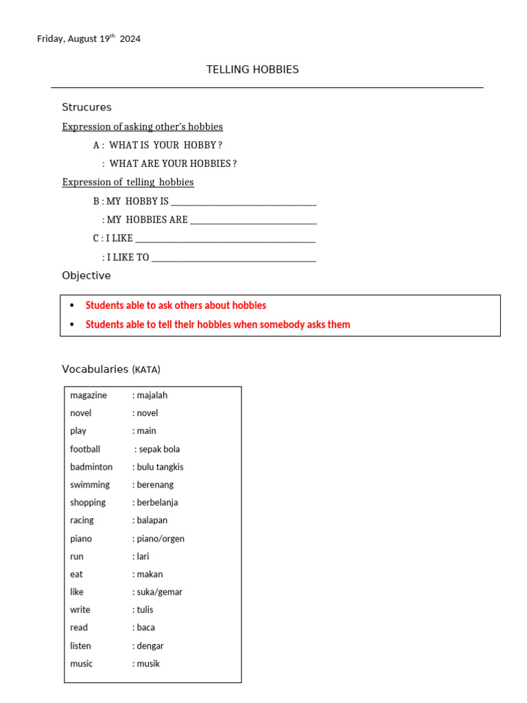 Telling Hobbies - Monday, August 19th 2024 | PDF