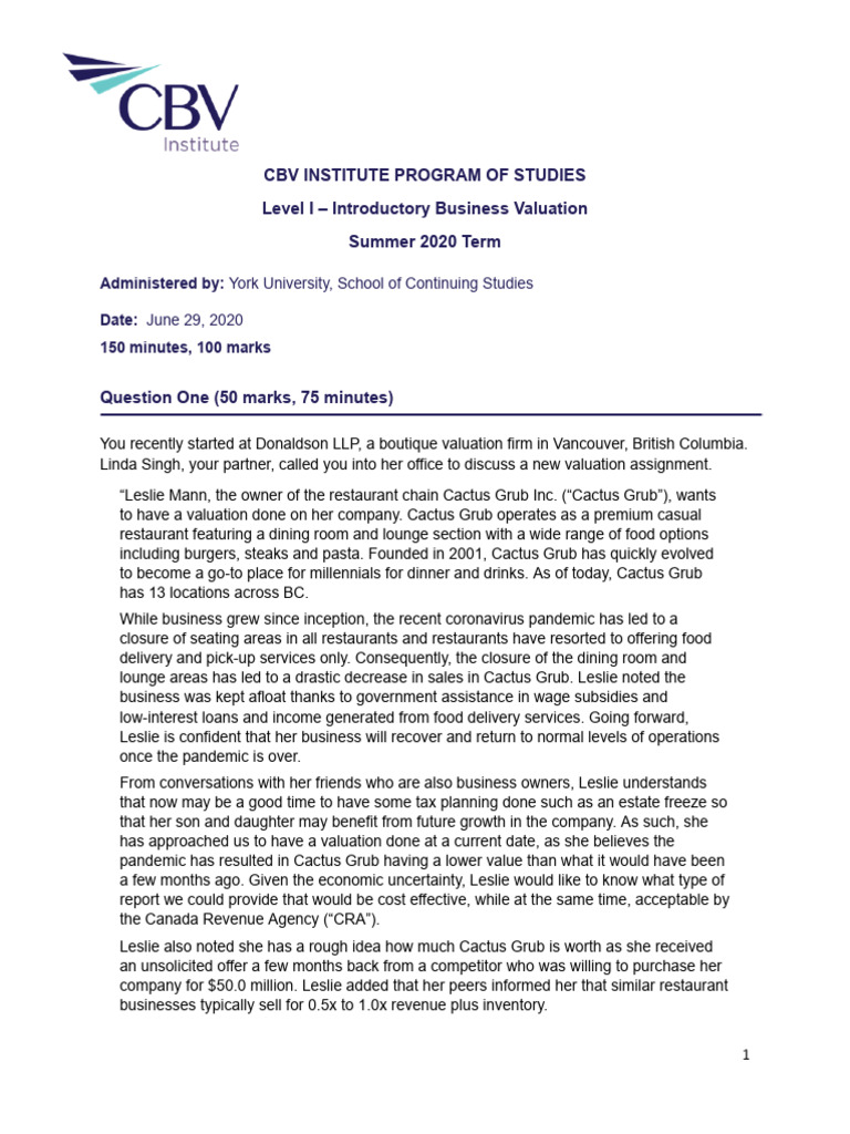 CBV Institute Program of Studies Level I - Introductory Business Valuation Summer 2020 Term | PDF