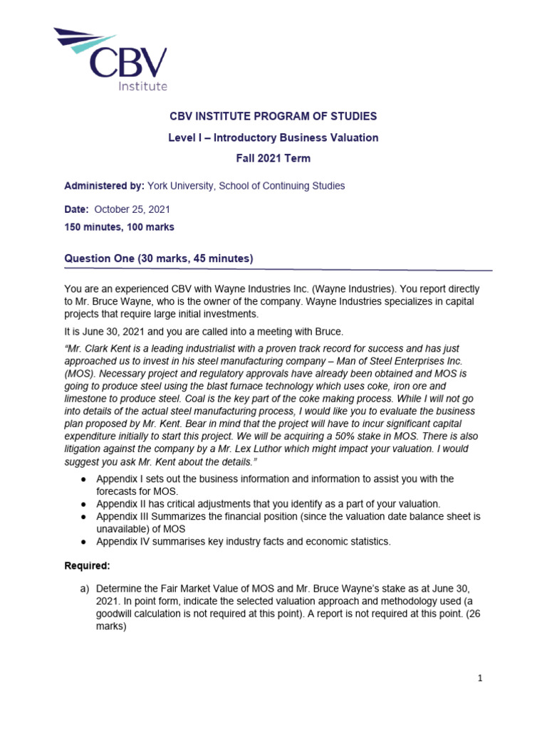 CBV Institute Program of Studies Level I - Introductory Business Valuation Fall 2021 Term | PDF