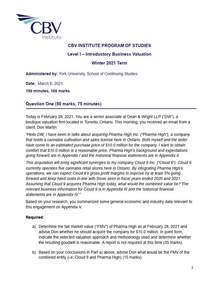 CBV Institute Program of Studies Level I - Introductory Business Valuation Winter 2021 Term | PDF
