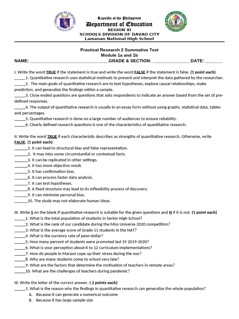 Practical Research 2 Summative Test (Module 1A & 1B) | PDF ...