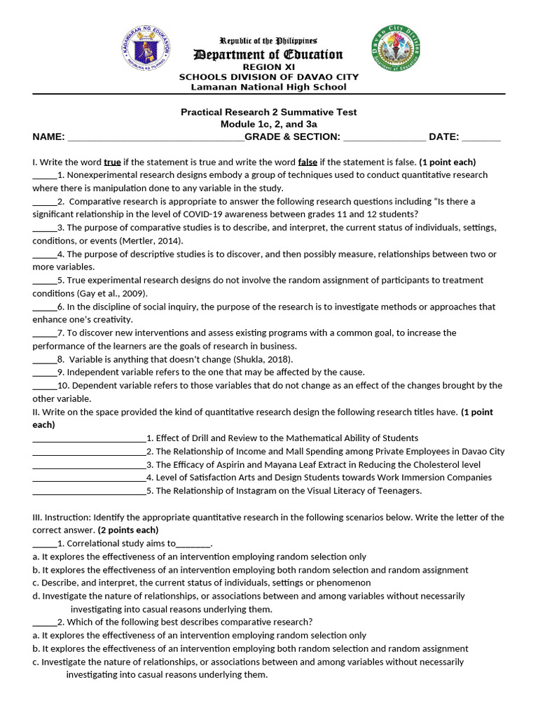 Practical Research 2 Summative Test (Module 1c, 2, 3A) | PDF ...