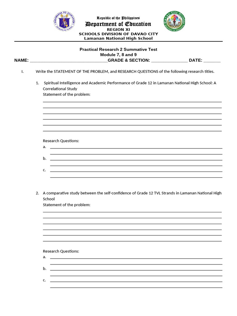 Practical Research 2 Summative Test (Module 7,8 9) | PDF | Cognition ...