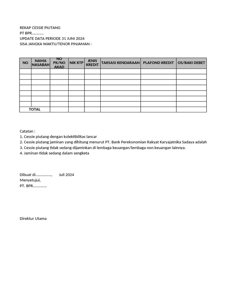 Format CTH Rekap Jaminan Cessie Piutang Juli 2024 | PDF