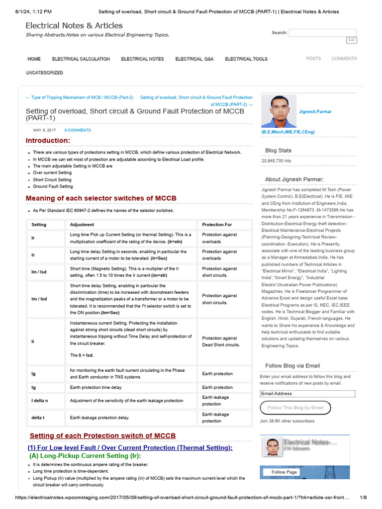 Setting of Overload, Short Circuit & Ground Fault Protection of MCCB ...