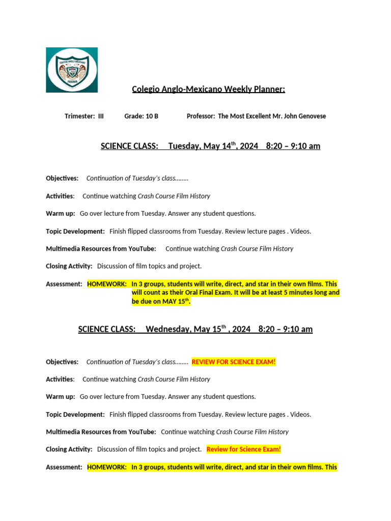 10th Grade Weekly Guide | PDF