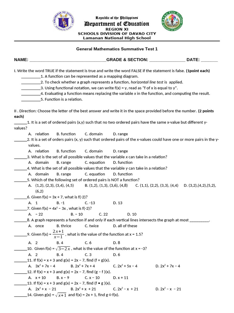GenMath Summative Test 1 | PDF