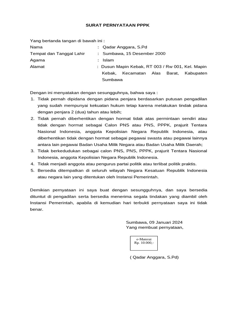 Format Surat Pernyataan 5 Poin PPPK Kementerian PANRB Dan KASN TA 2023 | PDF
