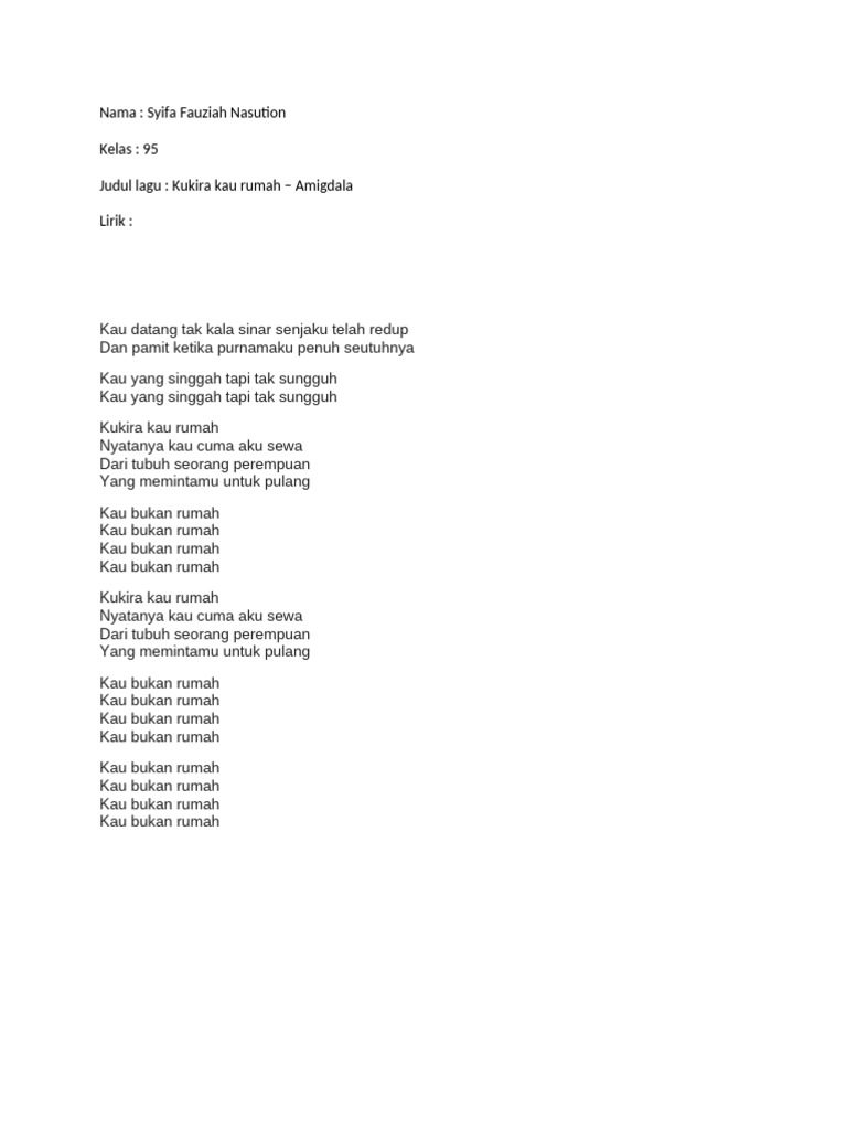 Nama: Syifa Fauziah Nasution Kelas: 95 Judul Lagu: Kukira Kau Rumah ...