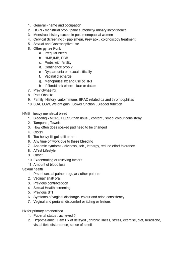 Gynae and ONG History Taking Template | PDF
