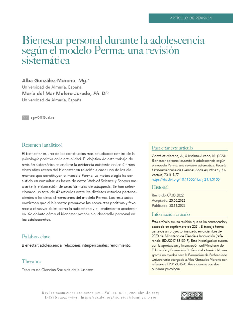 Bienestar Personal Durante La Adolescencia Según El Modelo de Perma - Revisión Sistemática | PDF
