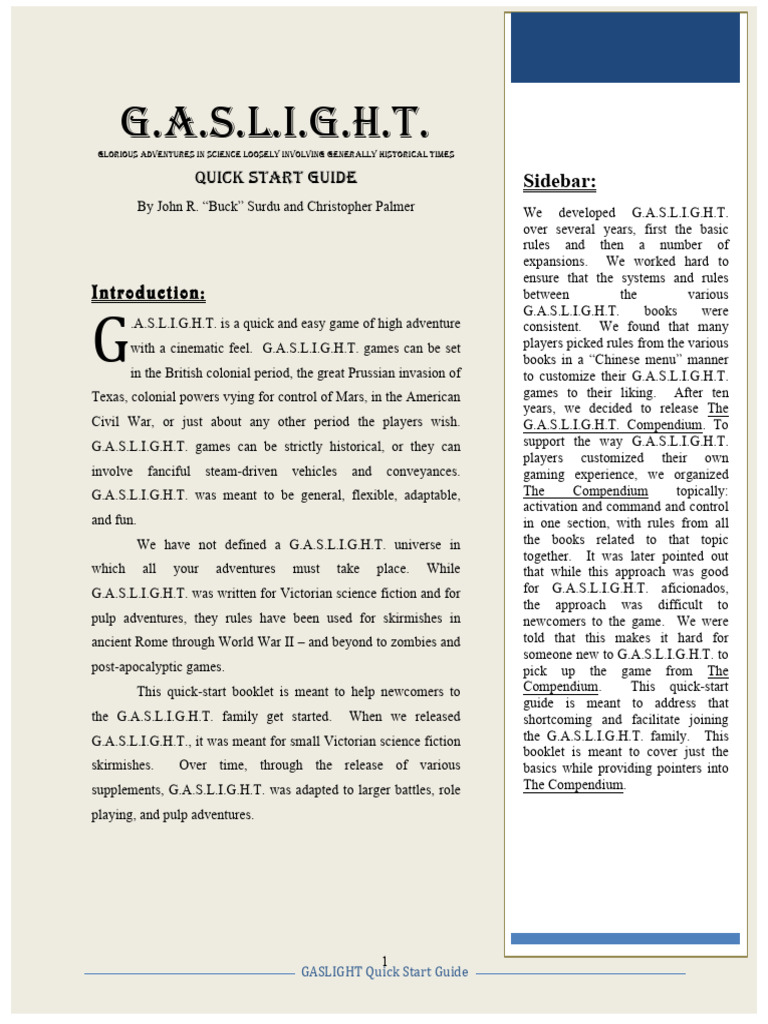 GASLIGHT Quick Start Rules | PDF