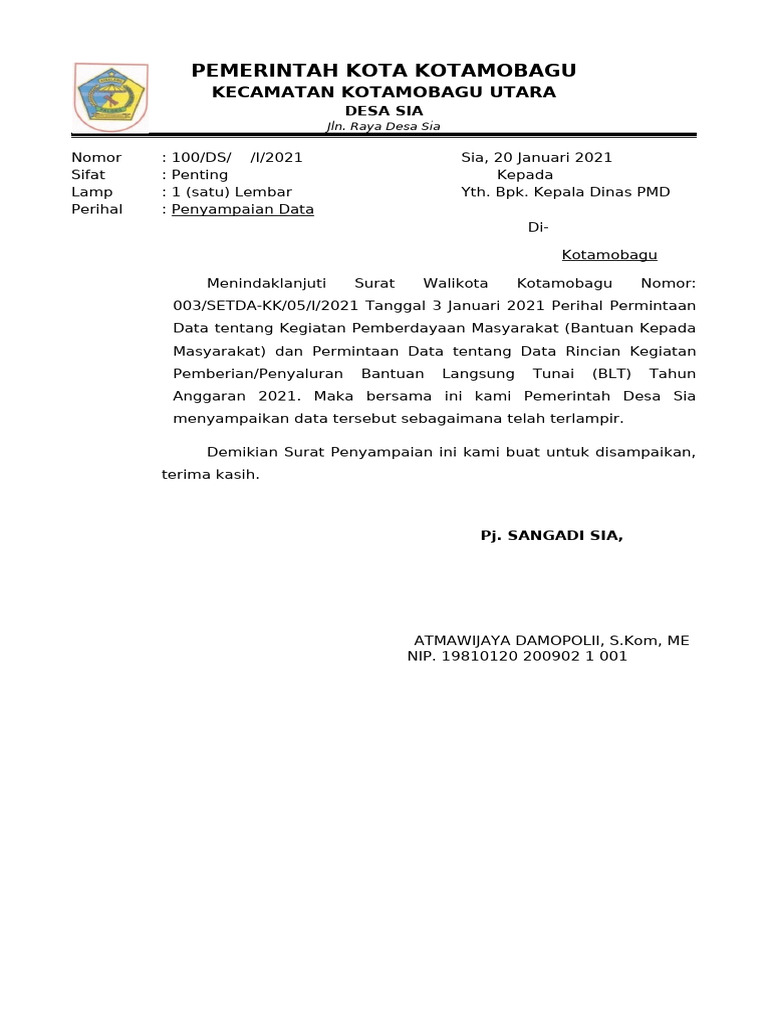 Surat Penyampaian Data DPMD | PDF