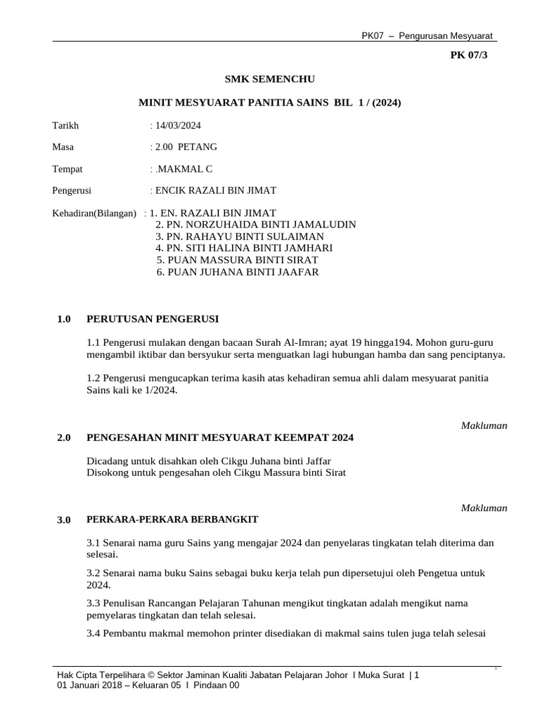 Minit Mesyuarat Panitia Sains Kali Pertama Tahun 2024 | PDF