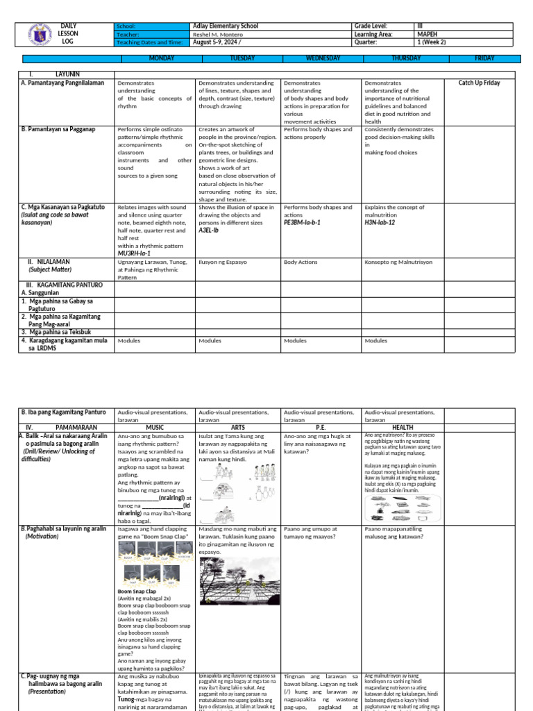 DLL - Mapeh 3 - Q1 - W2 | PDF