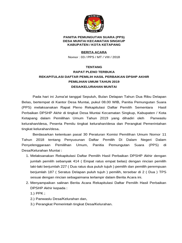 Ba Rapat Pleno DPSHP Akhir PPS - Pileg2019 | PDF