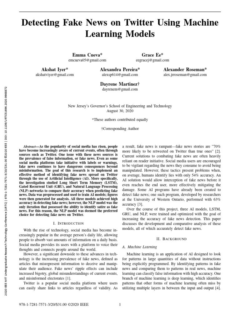 Detecting Fake News On Twitter Using Machine Learning Models Pdf