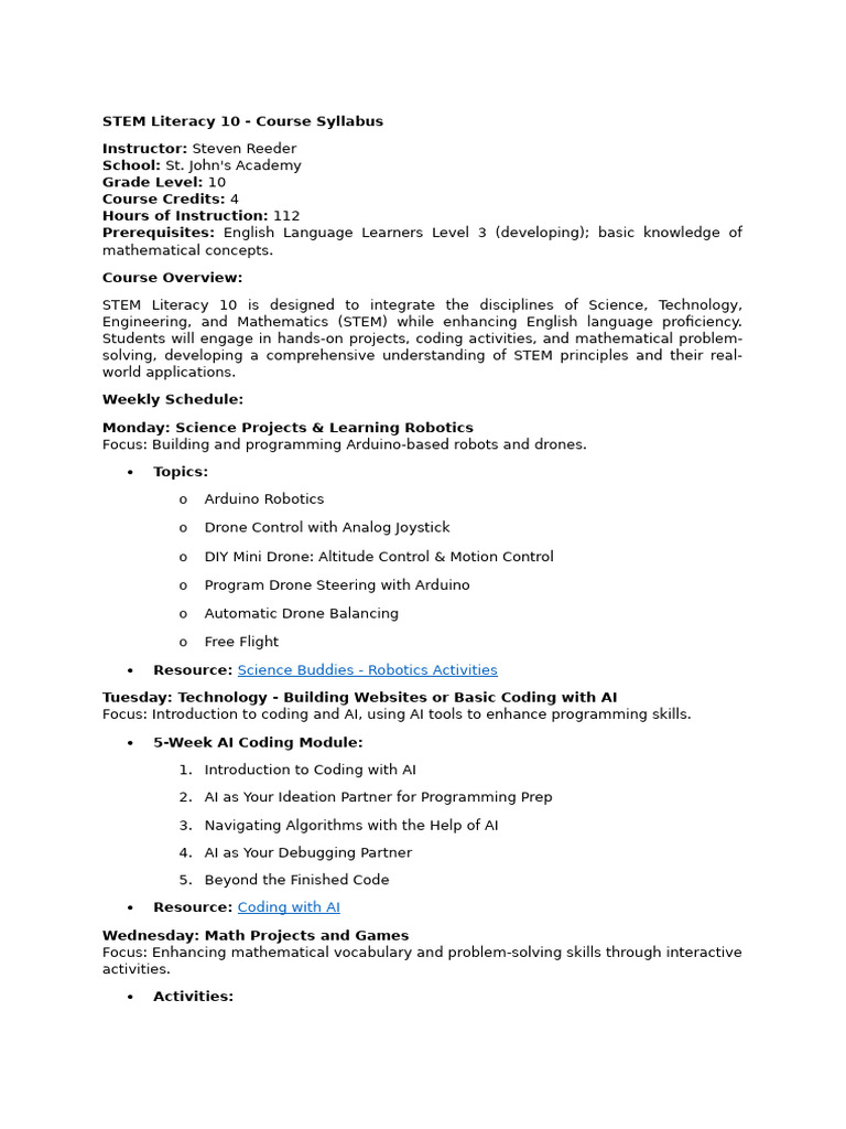 STEM Literacy 10 Course Syllabus (WiP) | PDF