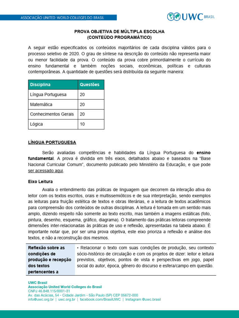 UWC Brasil - Prova (Conteúdo Programático - 2021 Entry) (1) para Acad | PDF
