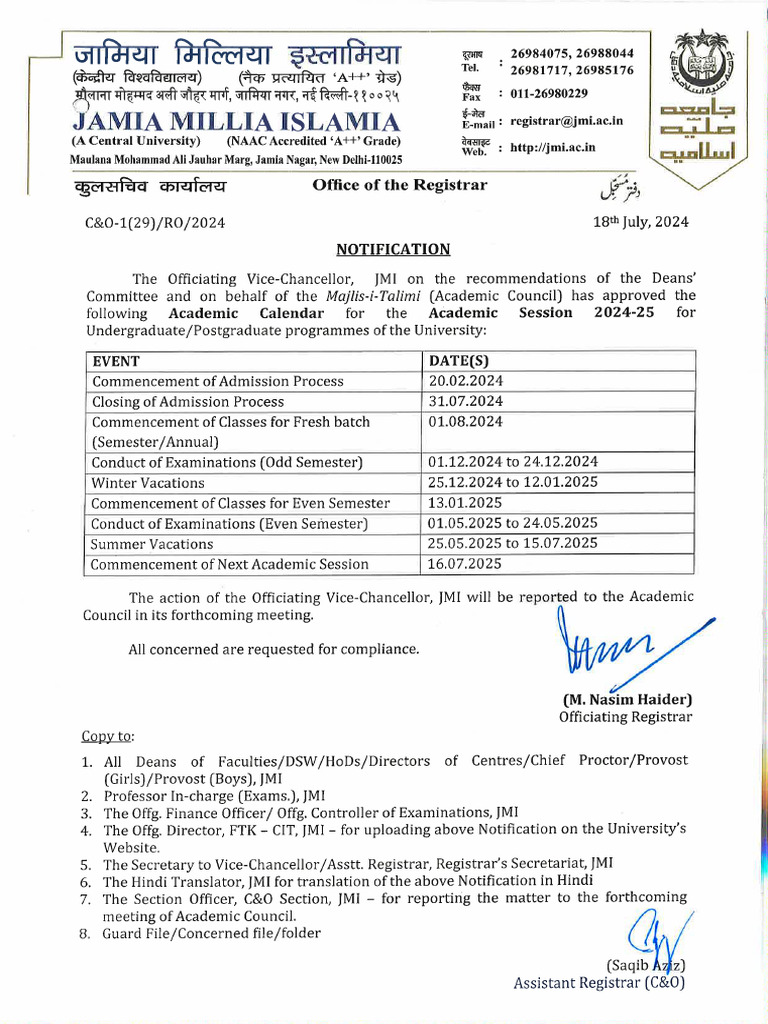 Notification Regarding Academic Calendar For Academic Session 2024-25 | PDF