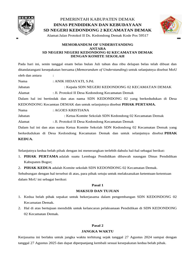 Mou Sekolah Dengan Komite Pdf