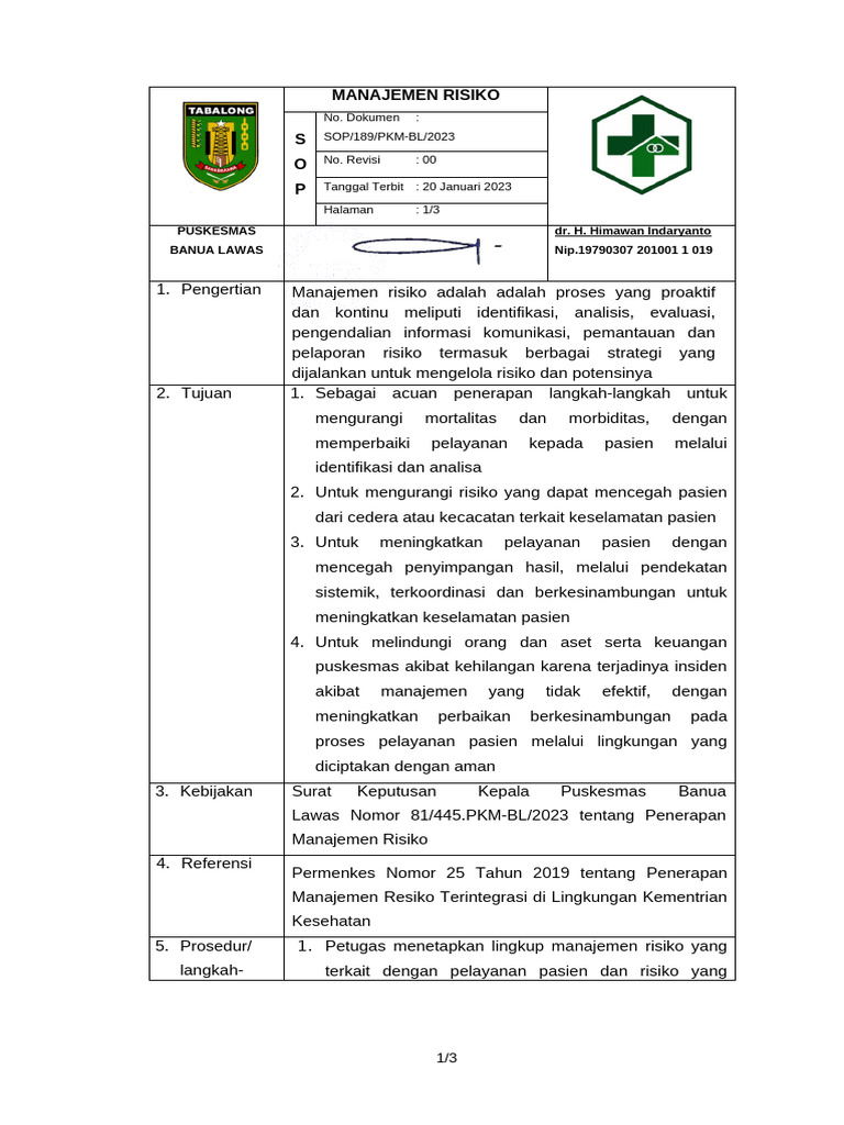 Sop Manajemen Risiko BL | PDF