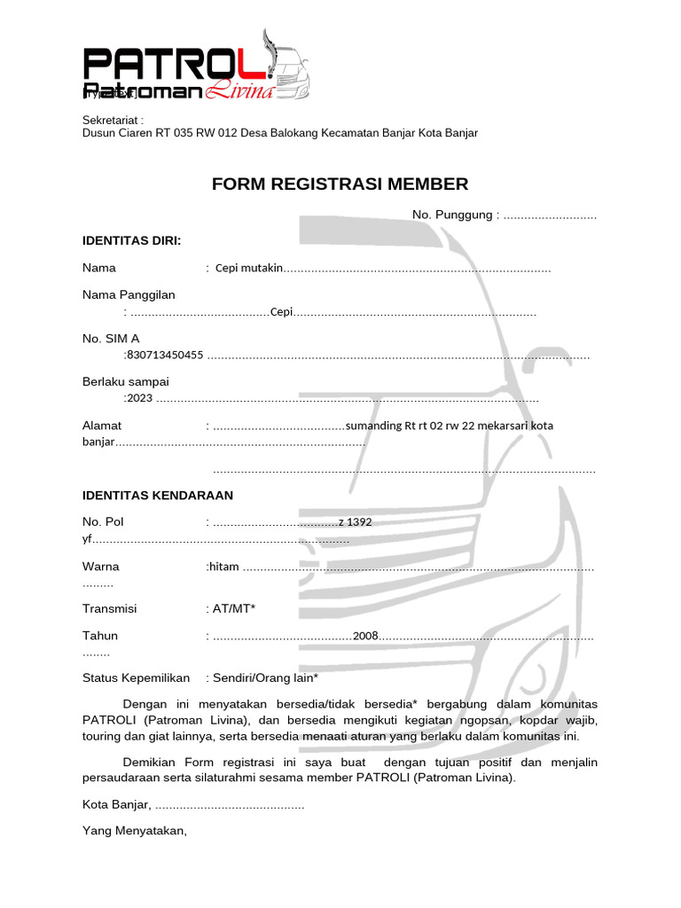 Form Registrasi Member | PDF