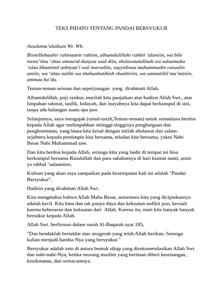 Teks Pidato Bahasa Indonesia Tentanf Pandai Bersyukur | PDF