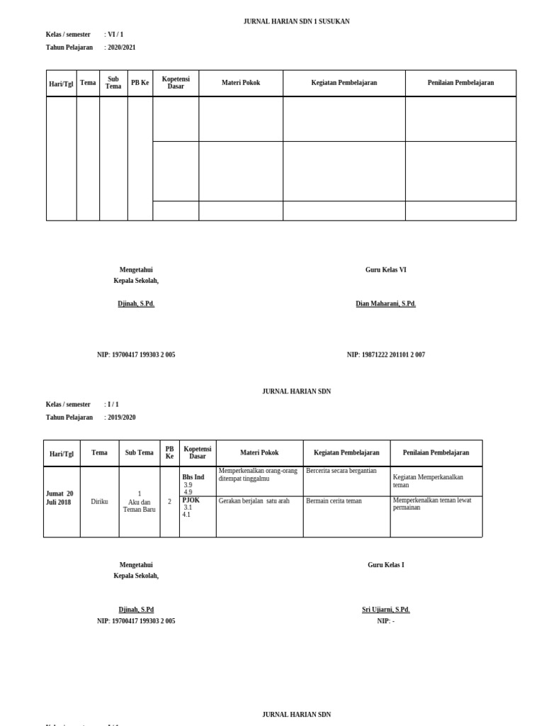 6a.JURNAL HARIAN SEMESTER 1VB | PDF