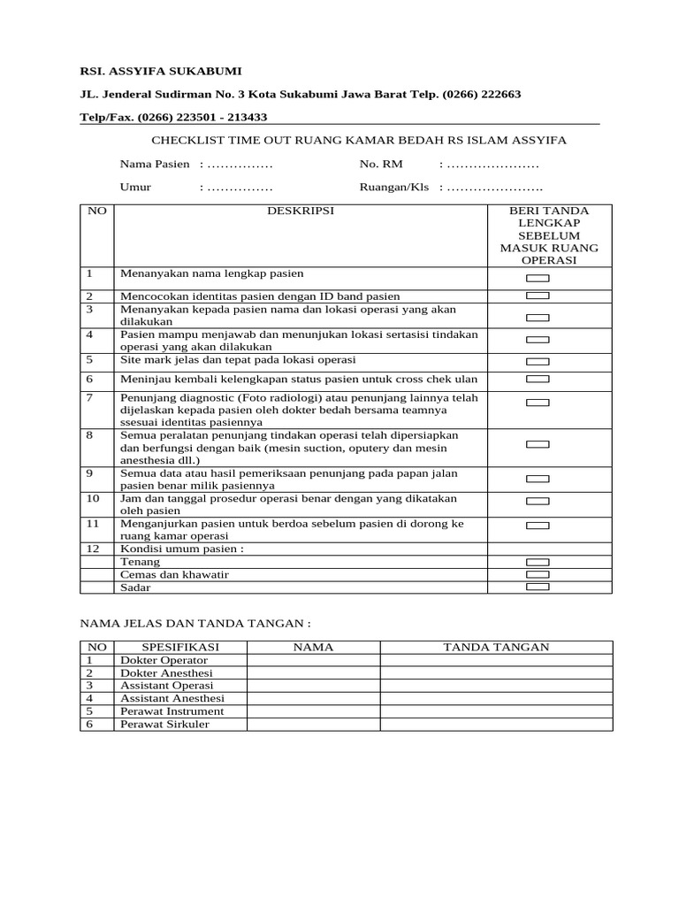 Cheklist Time Out Ruang Operasi | PDF